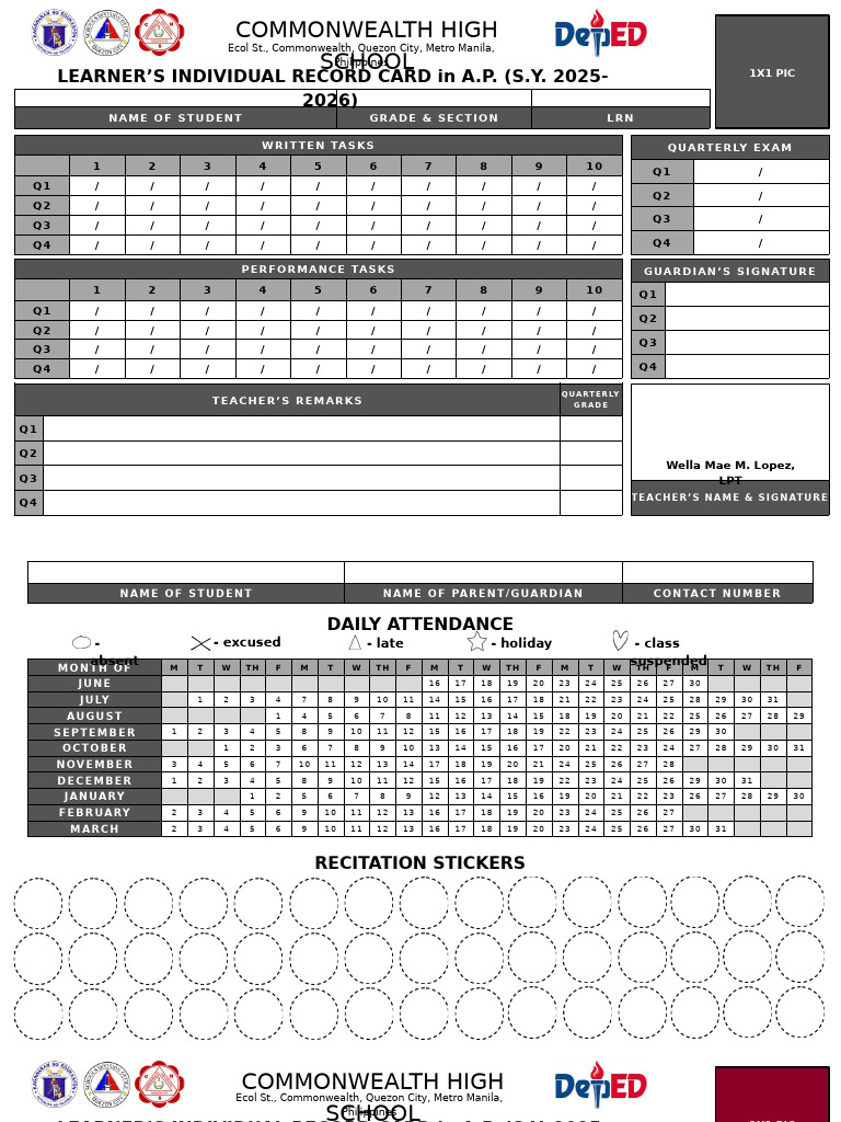 (1 - 2 Index) Learner's Individual Record Card (Download Me) | PDF