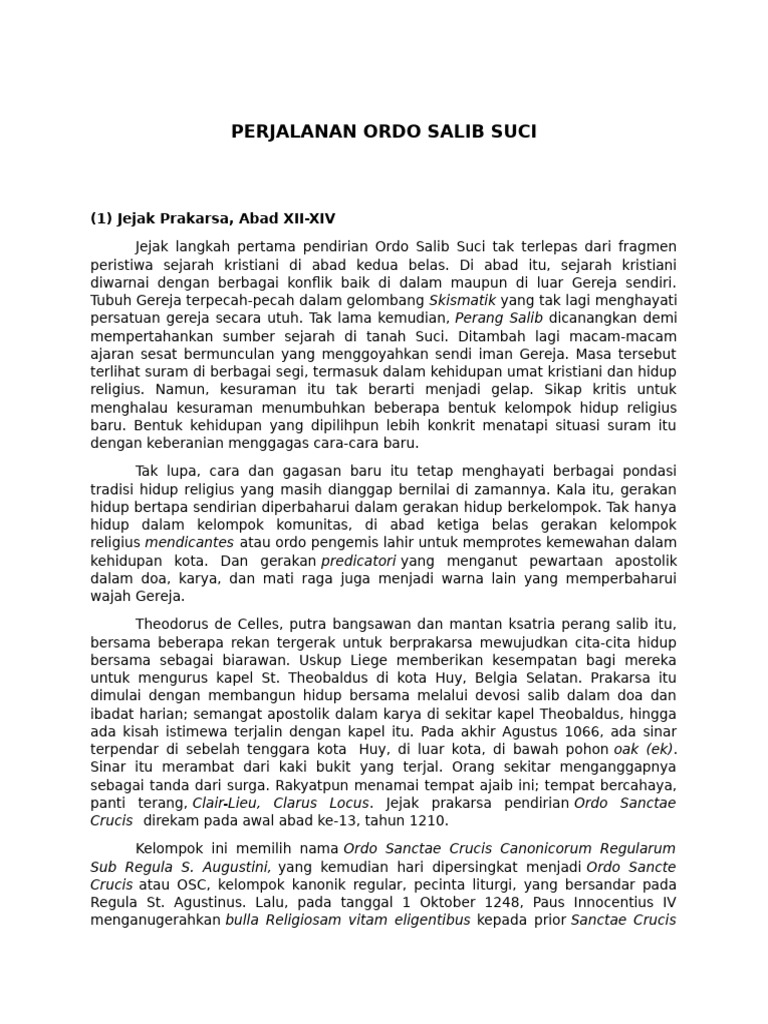Sejarah Ordo Salib Suci (OSC) | PDF