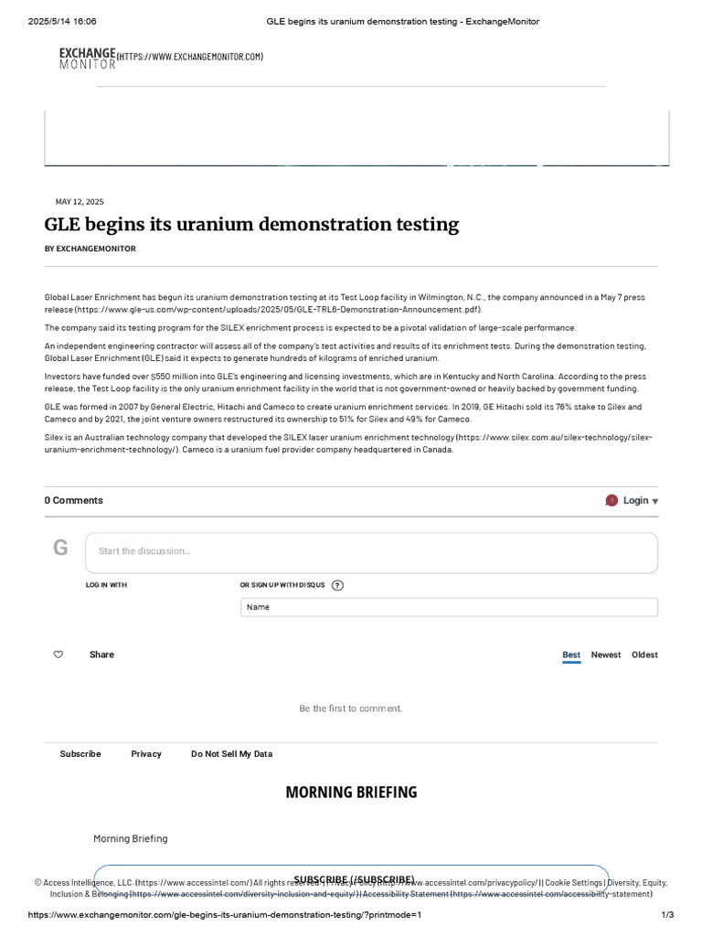 GLE Begins Its Uranium Demonstration Testing - ExchangeMonitor | PDF ...