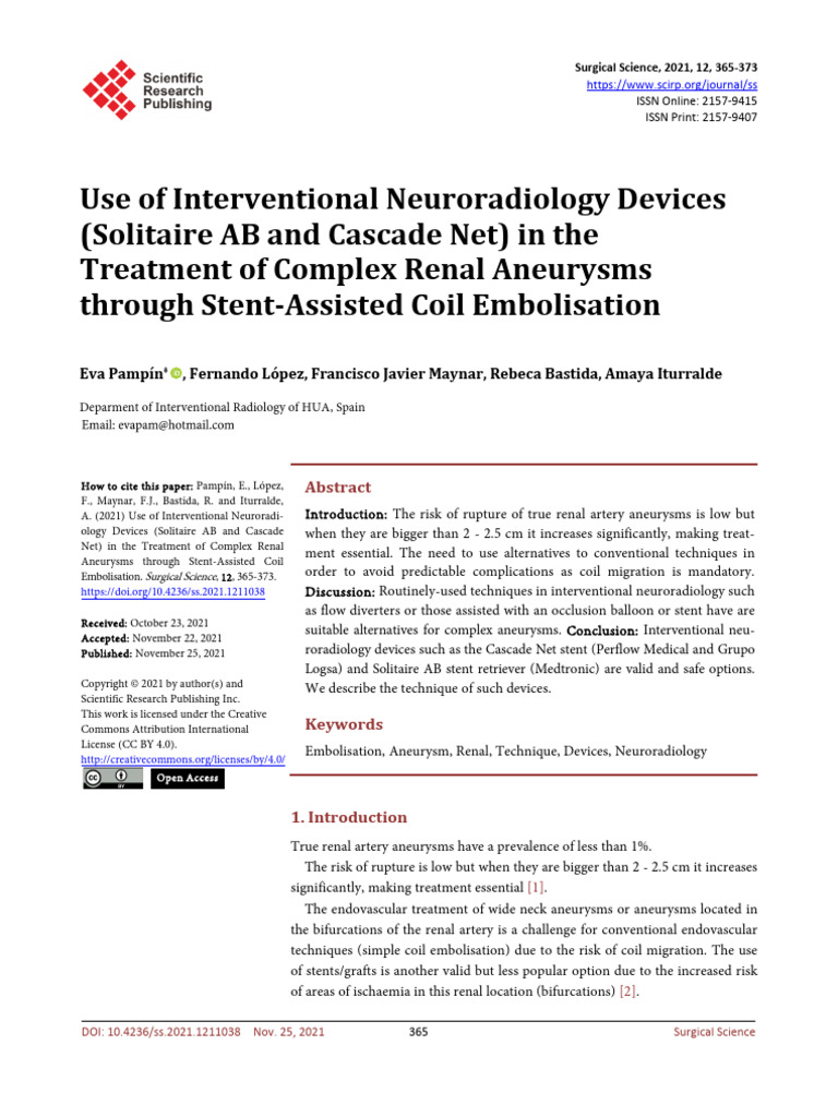 Use of Interventional Neuroradiology Devices (Solitaire AB and Cascade ...