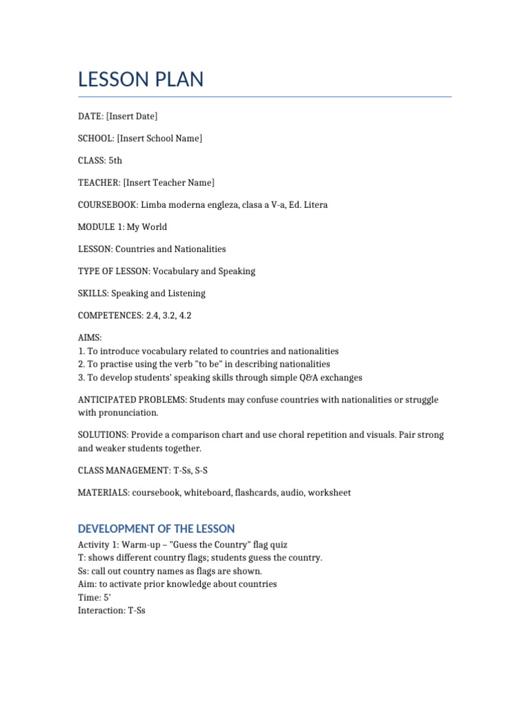 5th Grade Lesson Plan: Countries & Nationalities | PDF ...