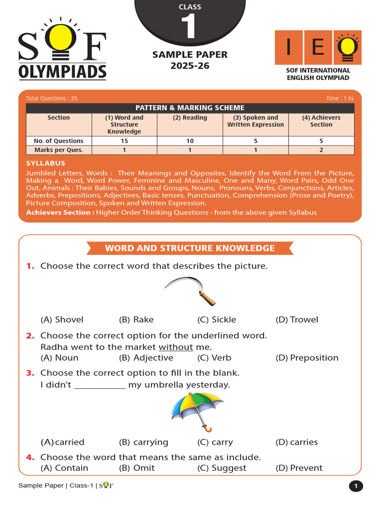 Ieo Sample Paper Class-1 2025-26 | PDF | Grammatical Gender | Word