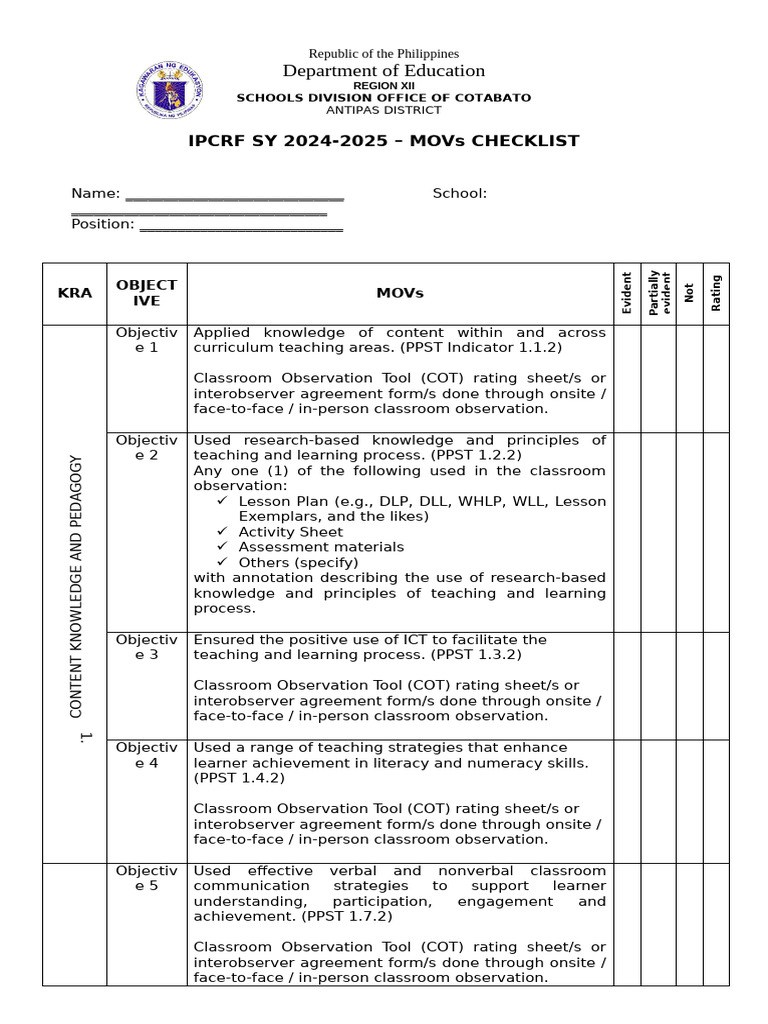 Movs Ipcrf Teacher I III Sy 2024 Checklist Generic | PDF | Learning | Community