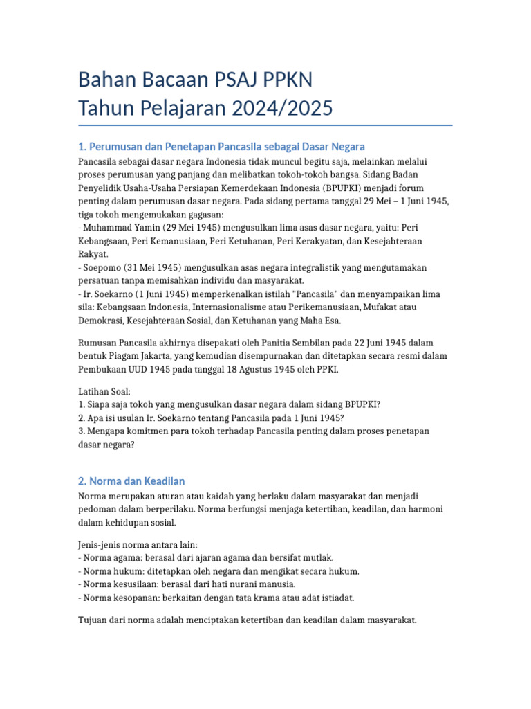 Bahan Bacaan PSAJ PPKN 2024 2025 | PDF