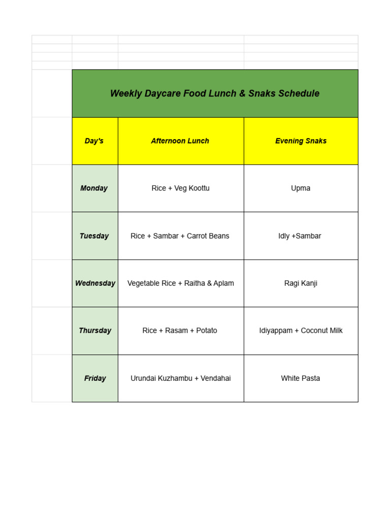Weekly Daycare Lunch & Snack Menu | PDF
