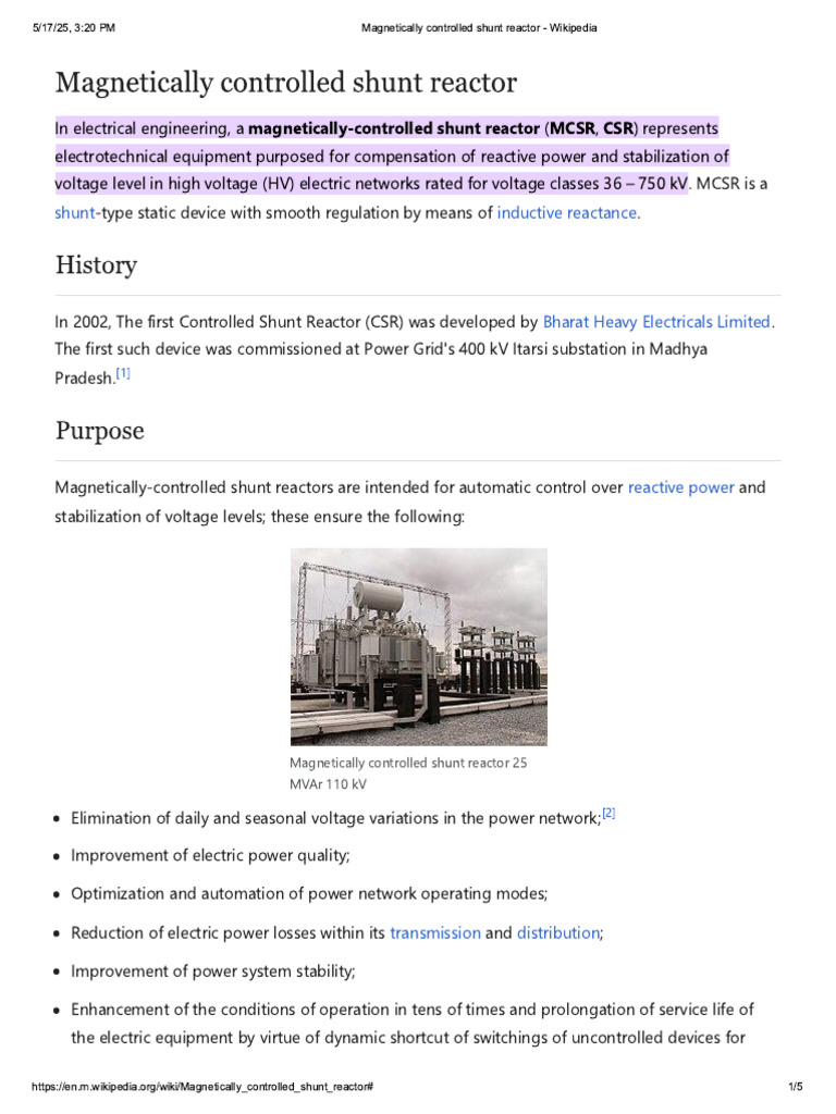 Magnetically Controlled Shunt Reactor | PDF