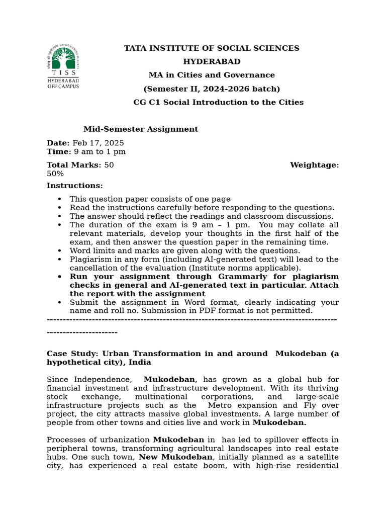 Mid Term Assignment Social Introduction To Cities 2025 | PDF | Economies