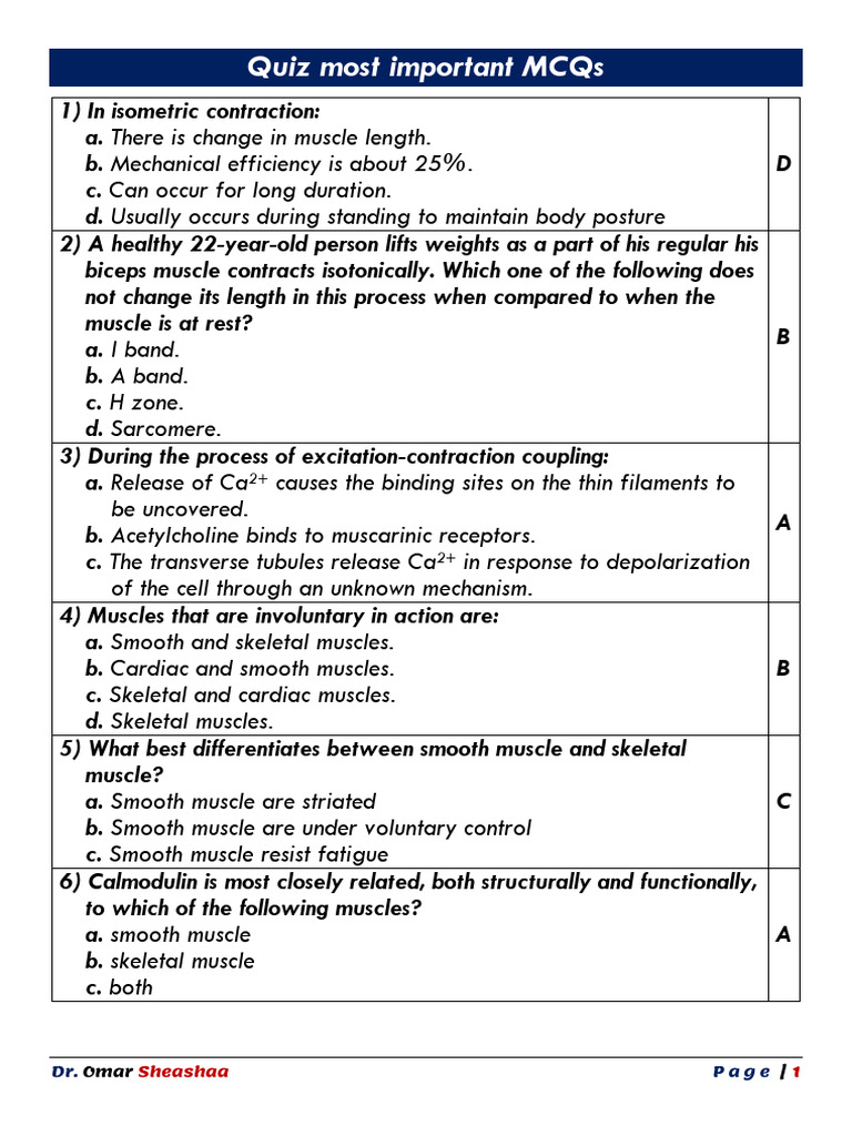 Quiz Most Important MCQs | PDF | Muscle Contraction | Skeletal Muscle
