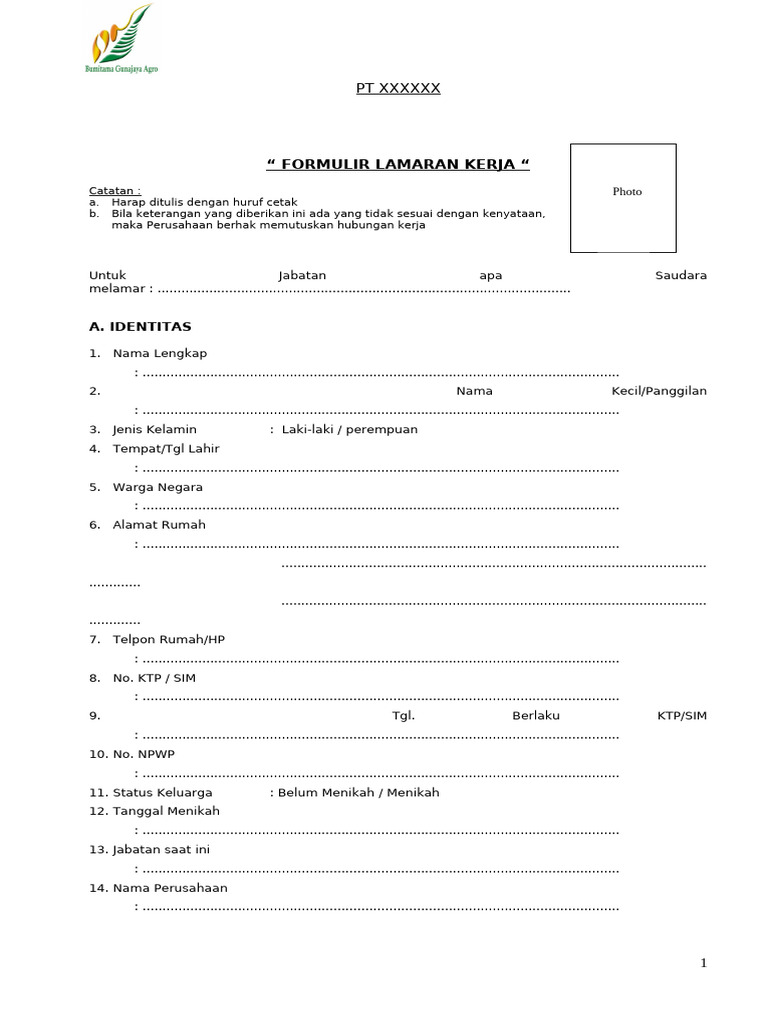 Form Isian Daftar Pelamar Kerja | PDF