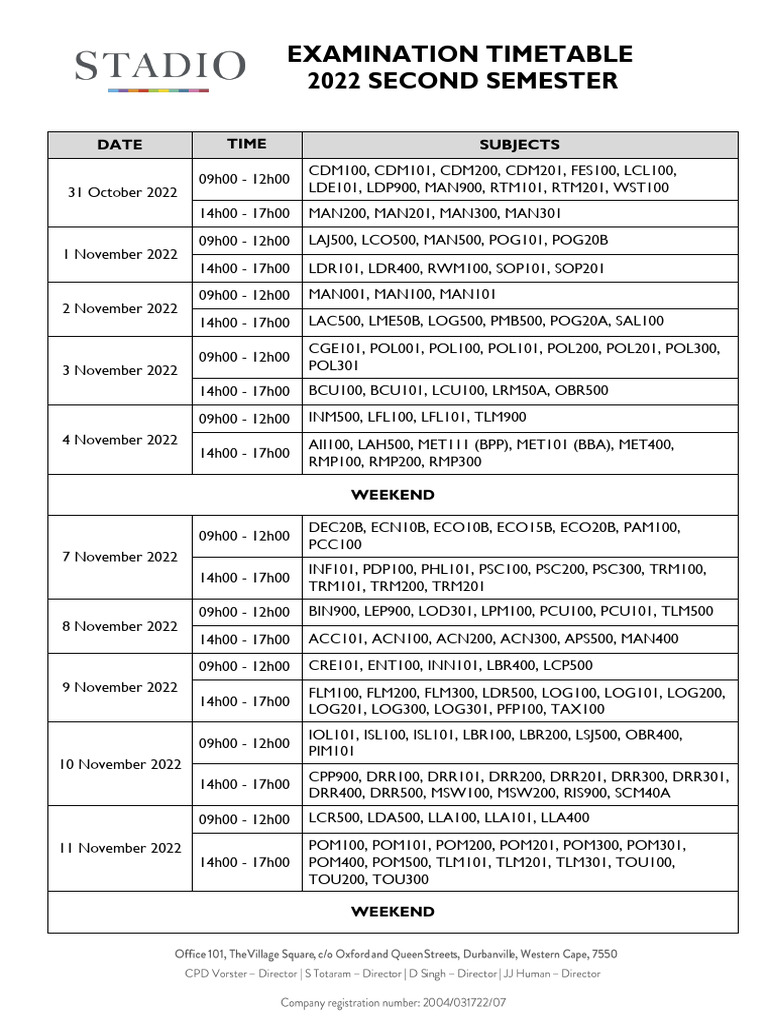 Examination Timetable 2022 Second Semester: Date Time Subjects | PDF