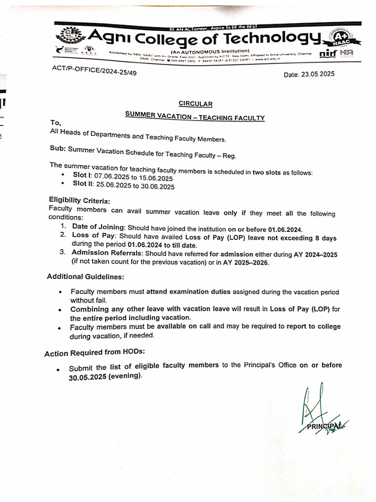 Revised Circular - Summer Vacation | PDF