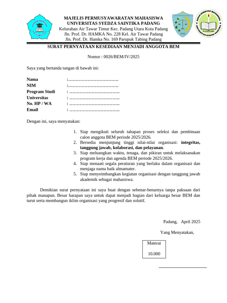 Surat Pernyataan Kesediaan Menjadi Anggota Bem | PDF