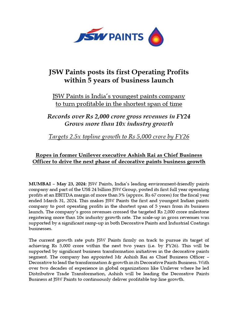 JSW Paints Performance FY24 Press Release | PDF | Economies