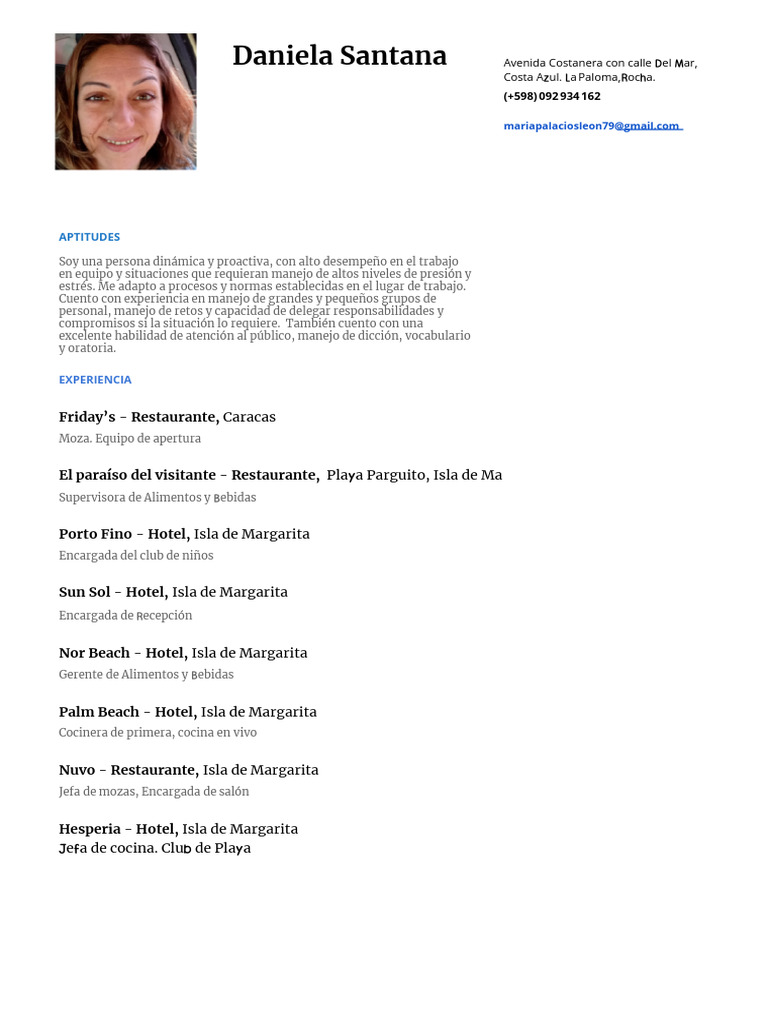 Currículum Daniela Santana | PDF | Hotel | Industria de la hospitalidad