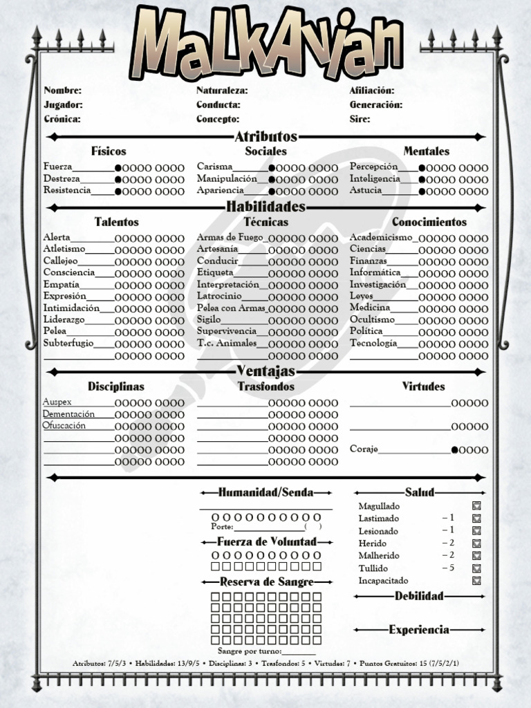 Matusalén Malkavian Editable - 2 Hojas | PDF