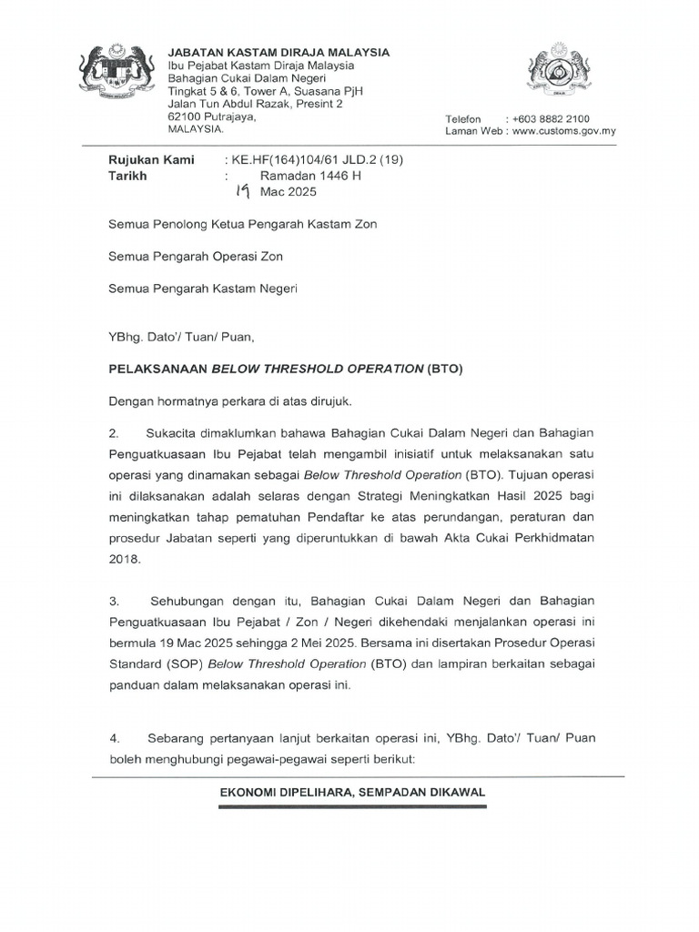 Surat Arahan Operasi Bto | PDF