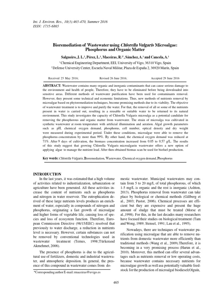 Bioremediation of Wastewater Using Chlorella Vulgaris Microalgae | PDF ...