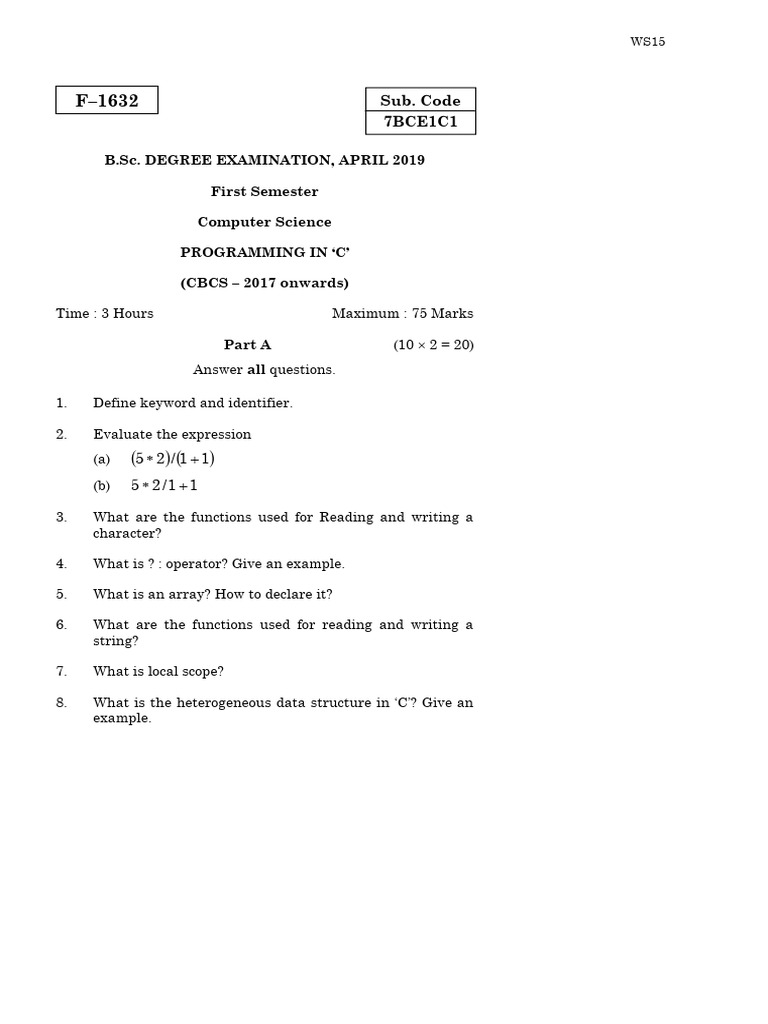 BSC 1 Sem Cs Programming in C F 1632 Apr 2019 | PDF | Pointer (Computer ...