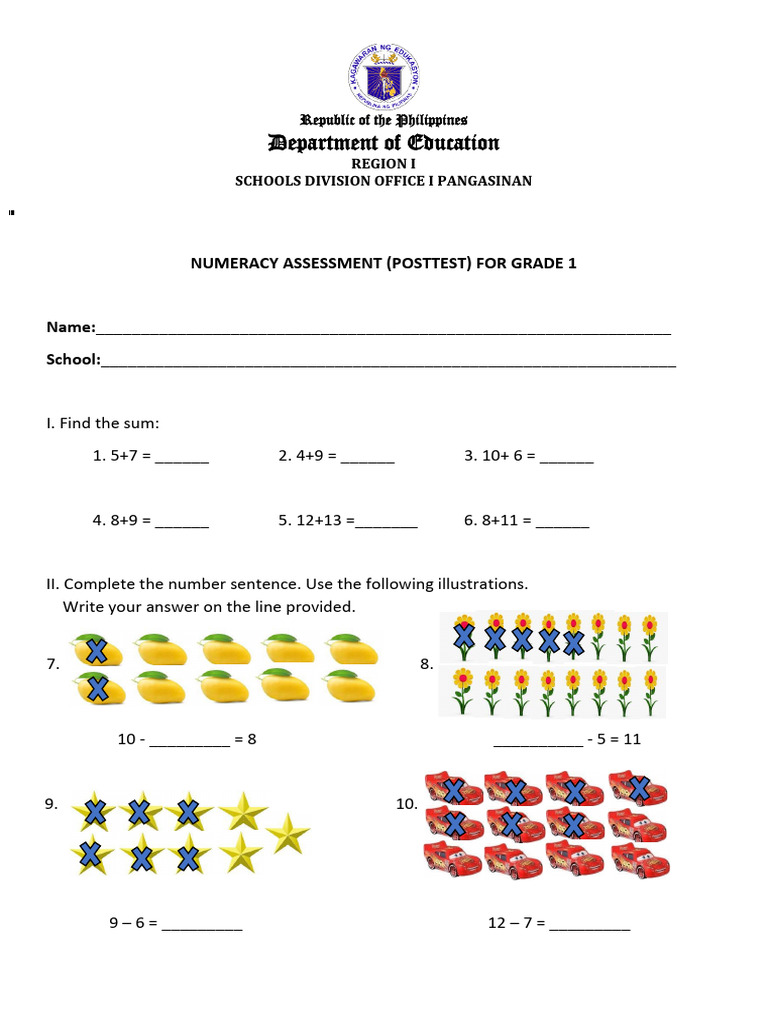 Grade 1-Numeracy Posttest 2025 | PDF