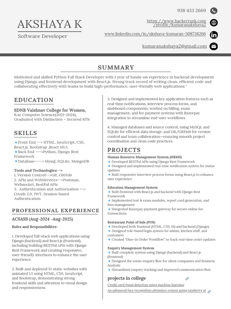 Akshaya Updated Resume | PDF | Bootstrap (Front End Framework) | Point Of Sale