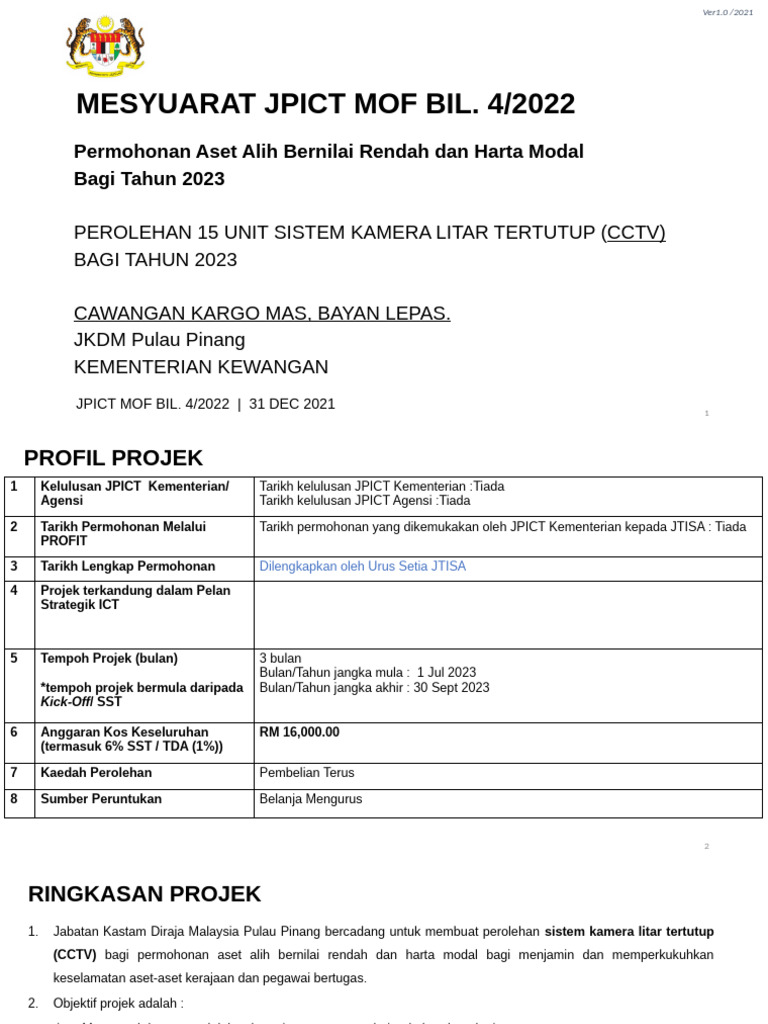 Permohonan Aset Bernilai Rendah Dan Harta Modal JPICT - CCTV (KARGO MAS ...
