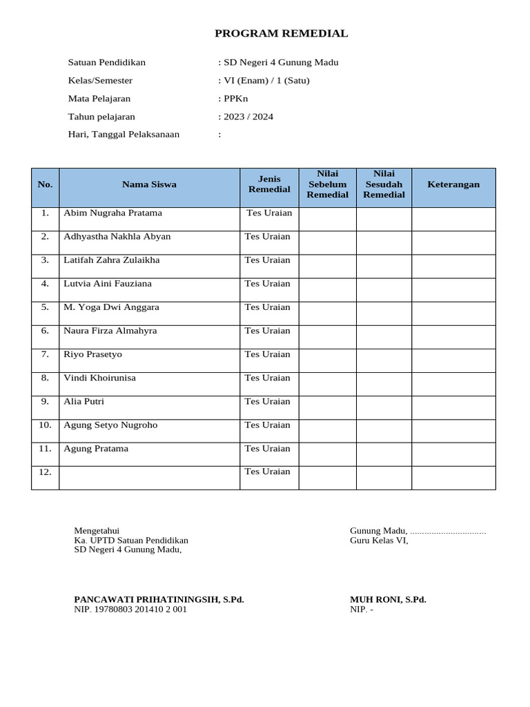 Program Remedial Kelas 6 | PDF