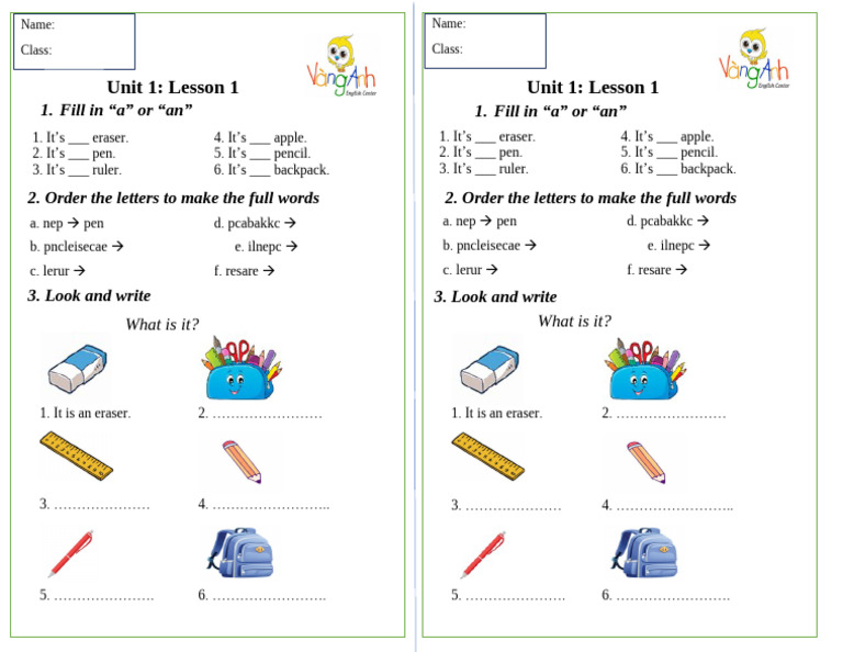Unit 1: Lesson 1 Unit 1: Lesson 1: 1. Fill in "A" or "An" 1. Fill in "A ...