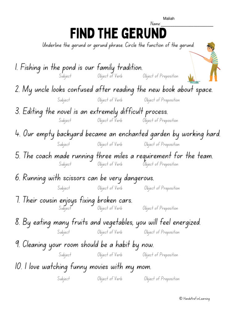 Middle School Grammar Find The Gerund or Gerund Phrase - Homework | PDF