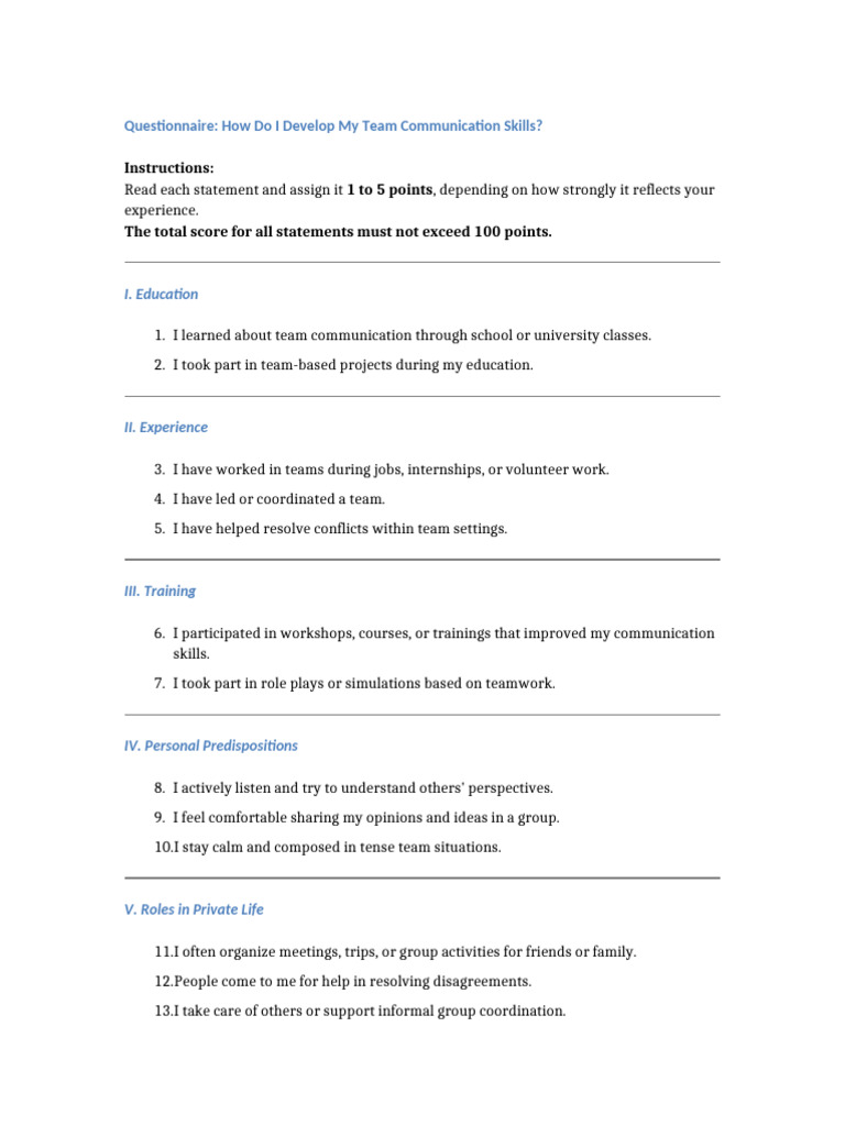 Team Communication Skills Questionnaire | PDF