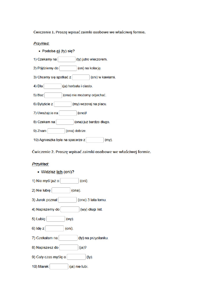 Zaimki Osobowe Ćwiczenia | PDF
