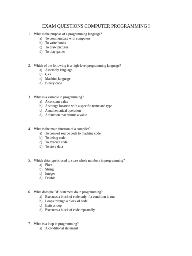 Computer Programming Exam Questions | PDF | Control Flow | Class ...