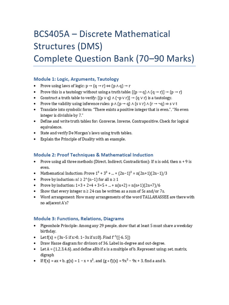 BCS405A Discrete Math Question Bank | PDF | Mathematical Proof | Group ...