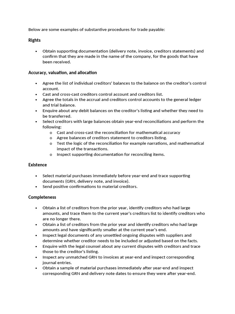 Substantive Audit Procedures for Payables | PDF | Accounts Payable ...