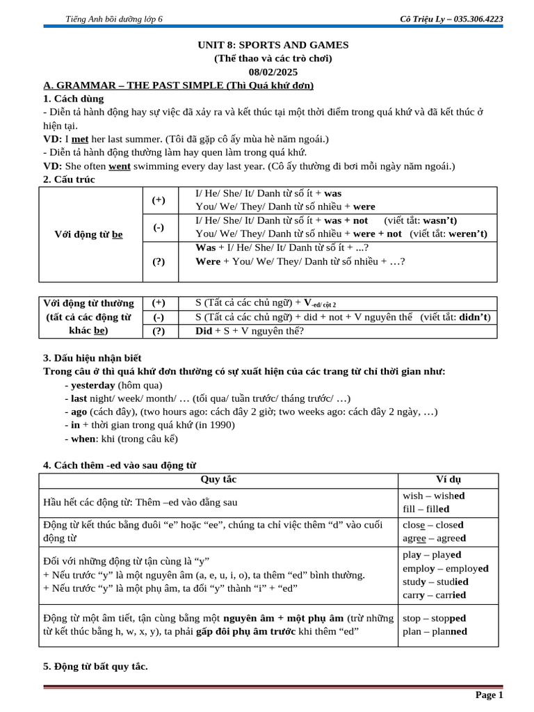 Anh 6 - Unit 8 - Grammar Past Simple - Sesson 2 | PDF