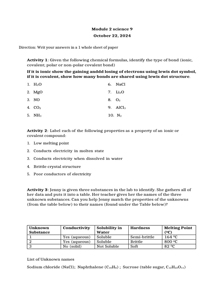 Module 2 Science 9 Activity Occtobr 22 2024 | PDF | Chemical Compounds ...