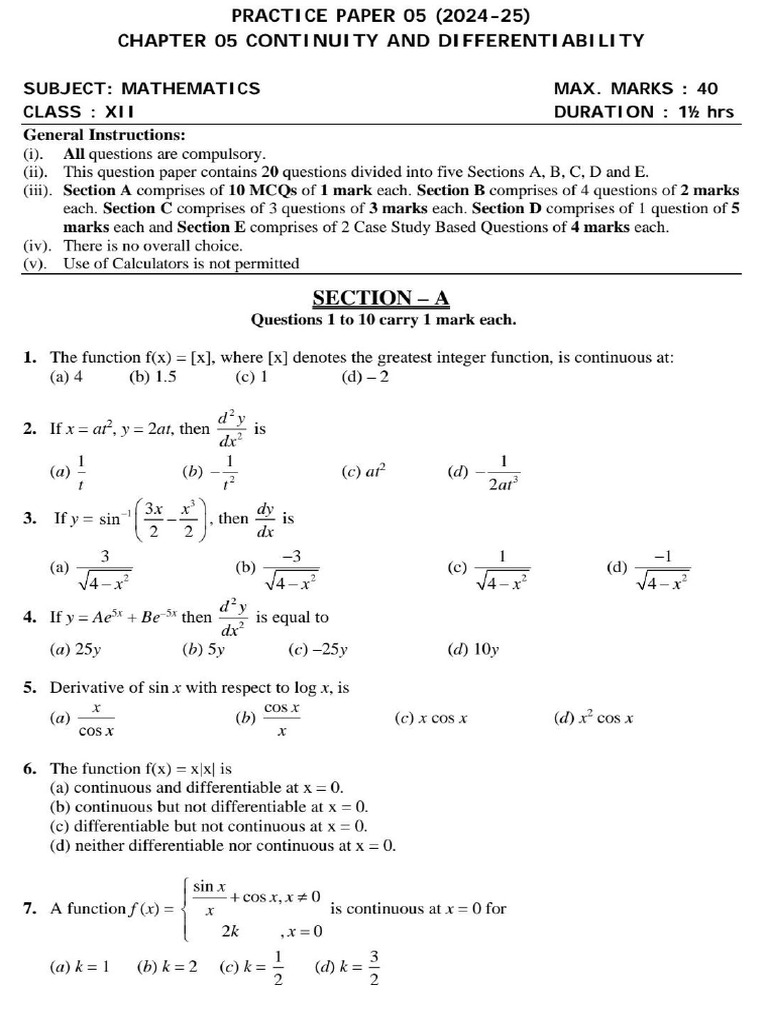 Maths Class Xii Chapter 05 Continuity and Differentiability Practice Paper 05 2024 | PDF
