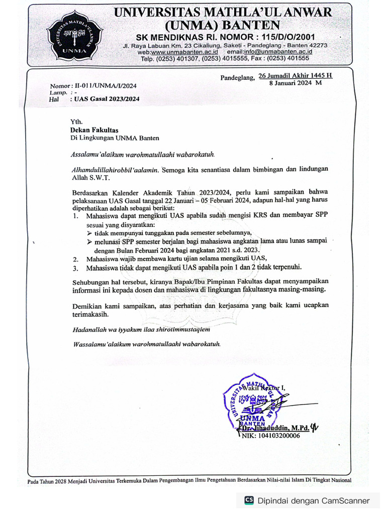 8 Edaran UAS Gasal 2023-2024 | PDF