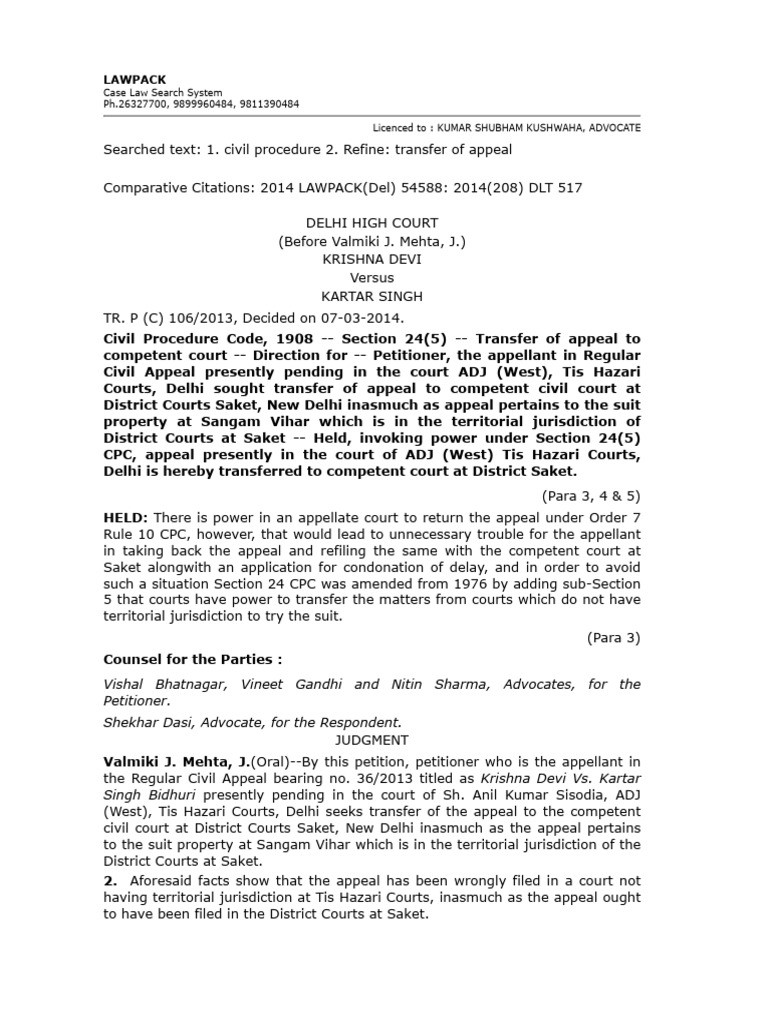 Krishna Devi vs. Kartar Singh | PDF | Appeal | Lawsuit