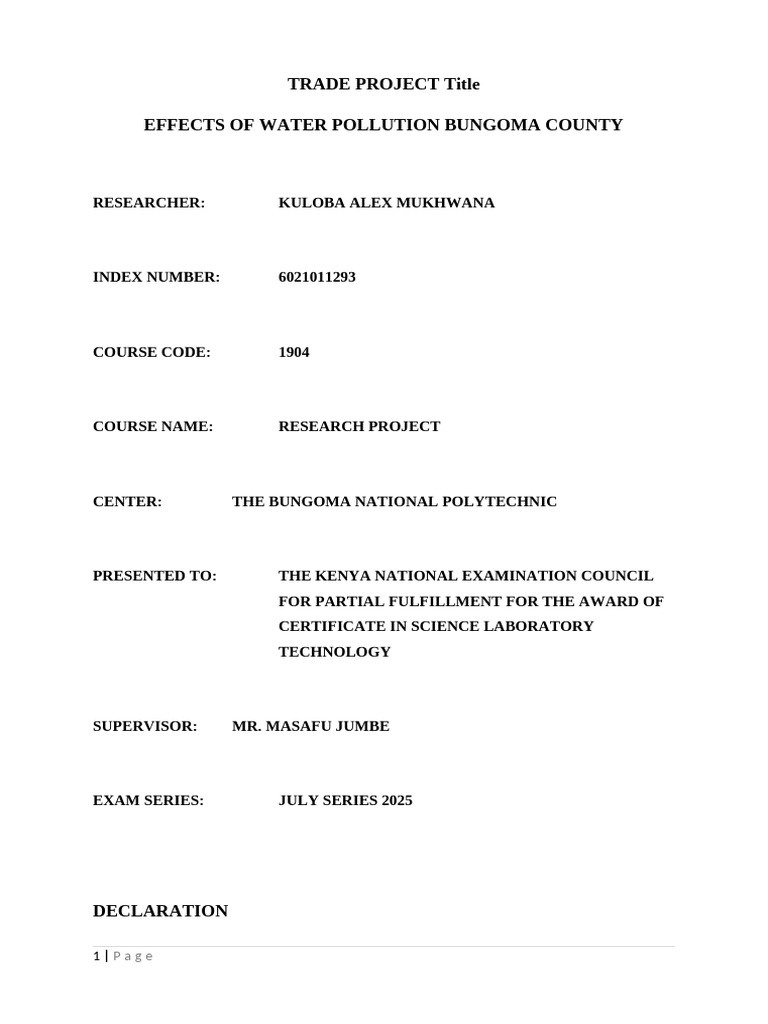 KULOBA ALEX TRADE PROJECT For Laboratory | PDF | Water Purification | Waste