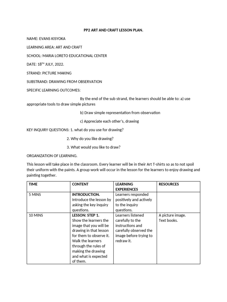 Pp2 Art and Craft Lesson Plan | PDF | Learning | Procedural Knowledge