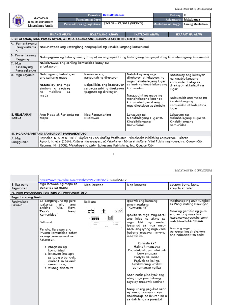 DLL Matatag Makabansa 2 q1 w2 | PDF