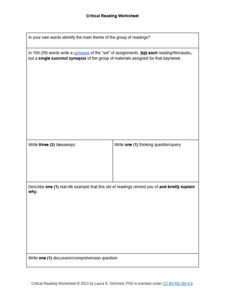 Critical Reading Worksheet-1 | PDF