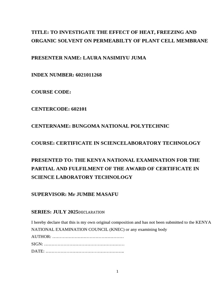 LAURA NASIMIYU TRADE PROJECT Laboratory Science | PDF | Membrane | Solubility