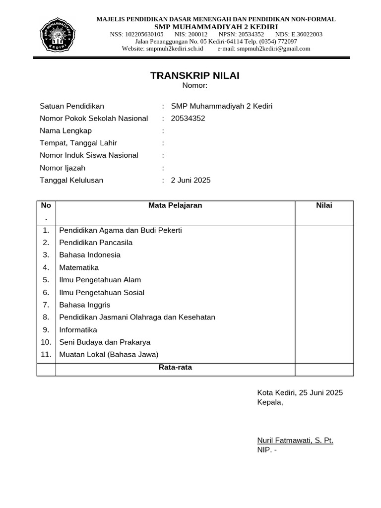 Transkrip Nilai SMP Muhammadiyah 2 | PDF