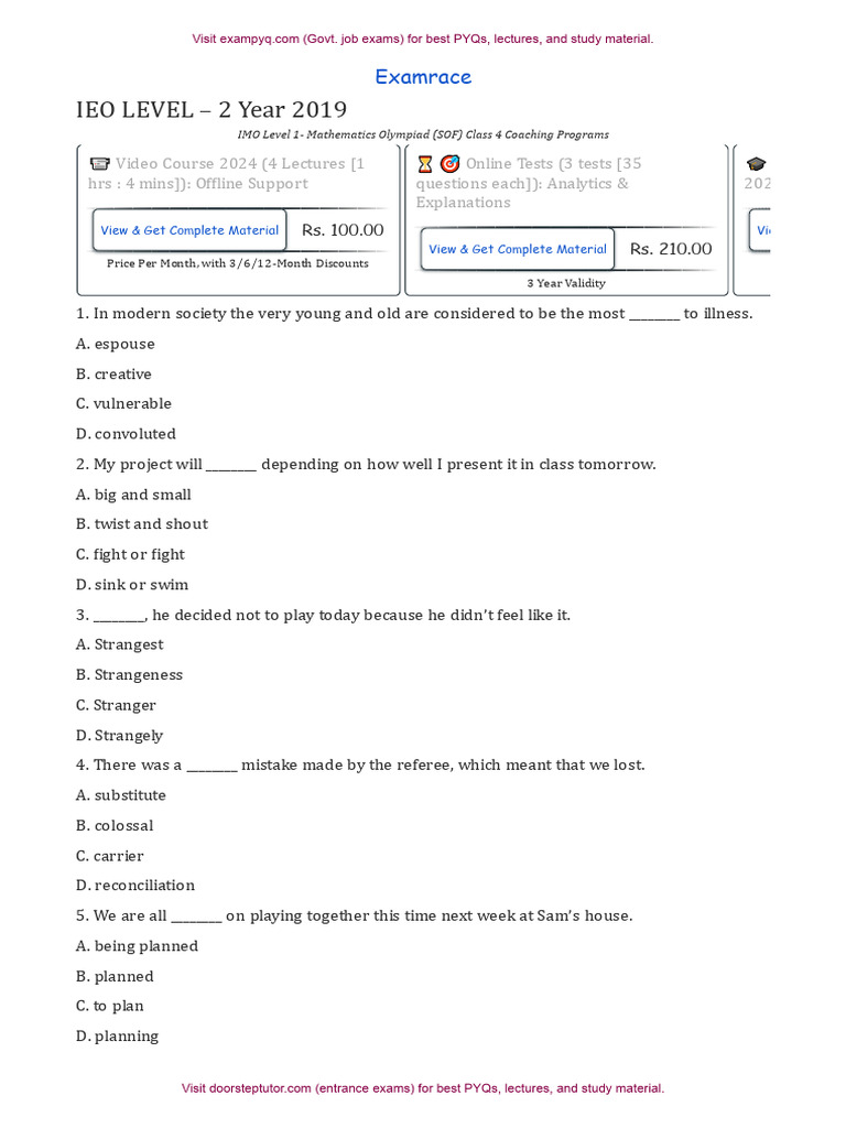 IEO Class 4 Level 2 Year 2019 | PDF | Outer Space | Flight