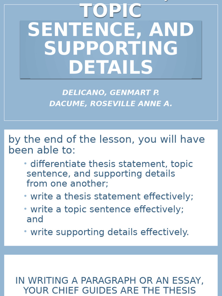 READING-WRITING - Topic Sentence, Thesis Statement, Supporting Details ...