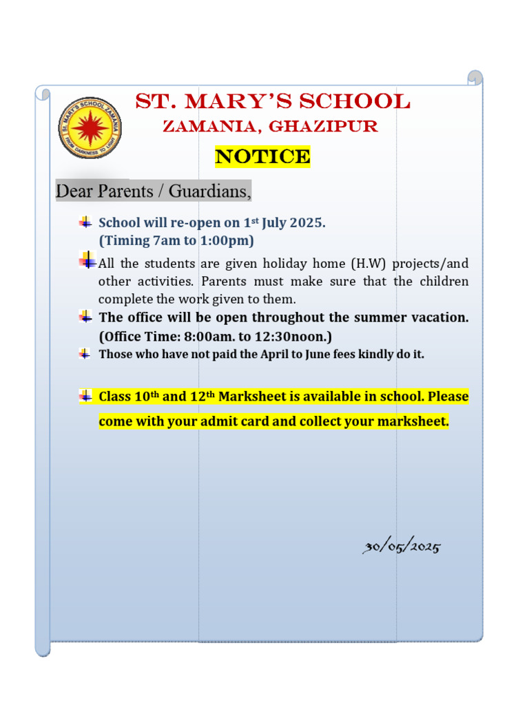 School Notice - 30-05-2025-1 | PDF