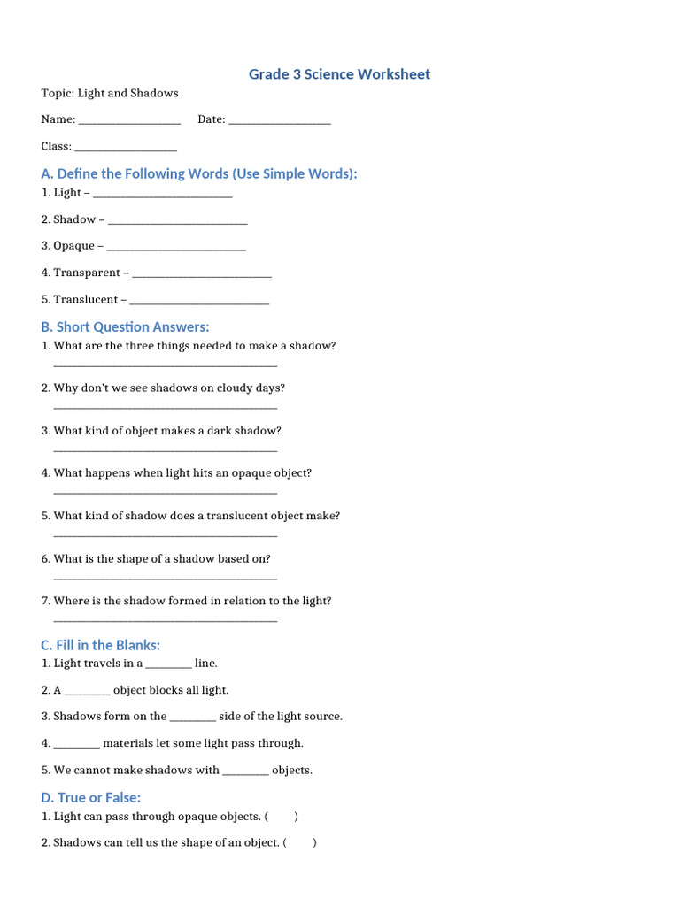 Grade 3 Science Worksheet Light and Shadows | PDF