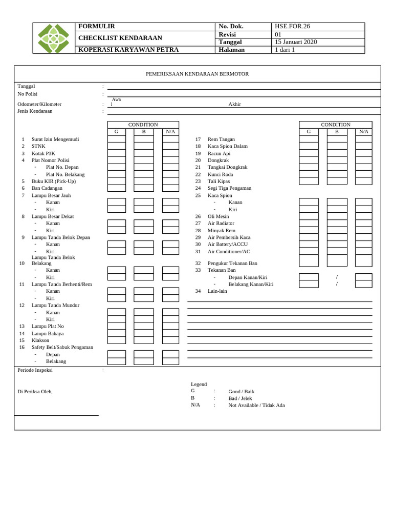 Form 26 Hse Checklist Kendaraan | PDF