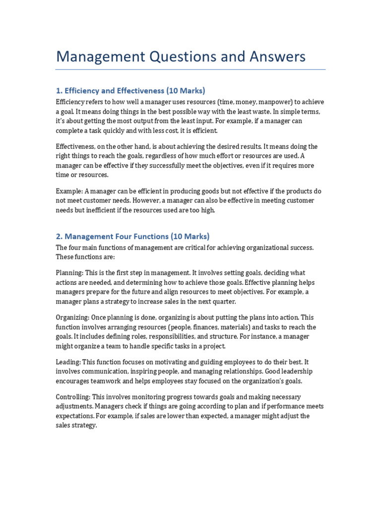 Management Questions Answers | PDF | Goal | Efficiency